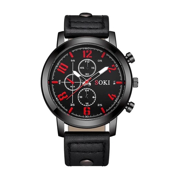 Soki | Accessories | Soki Mens Bold Black Quartz Watch Striking Red ...
